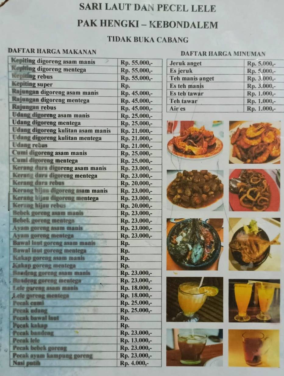 Menu at Sari Laut dan Pecel Lele Pak Hengki - Kebondalem restaurant ...