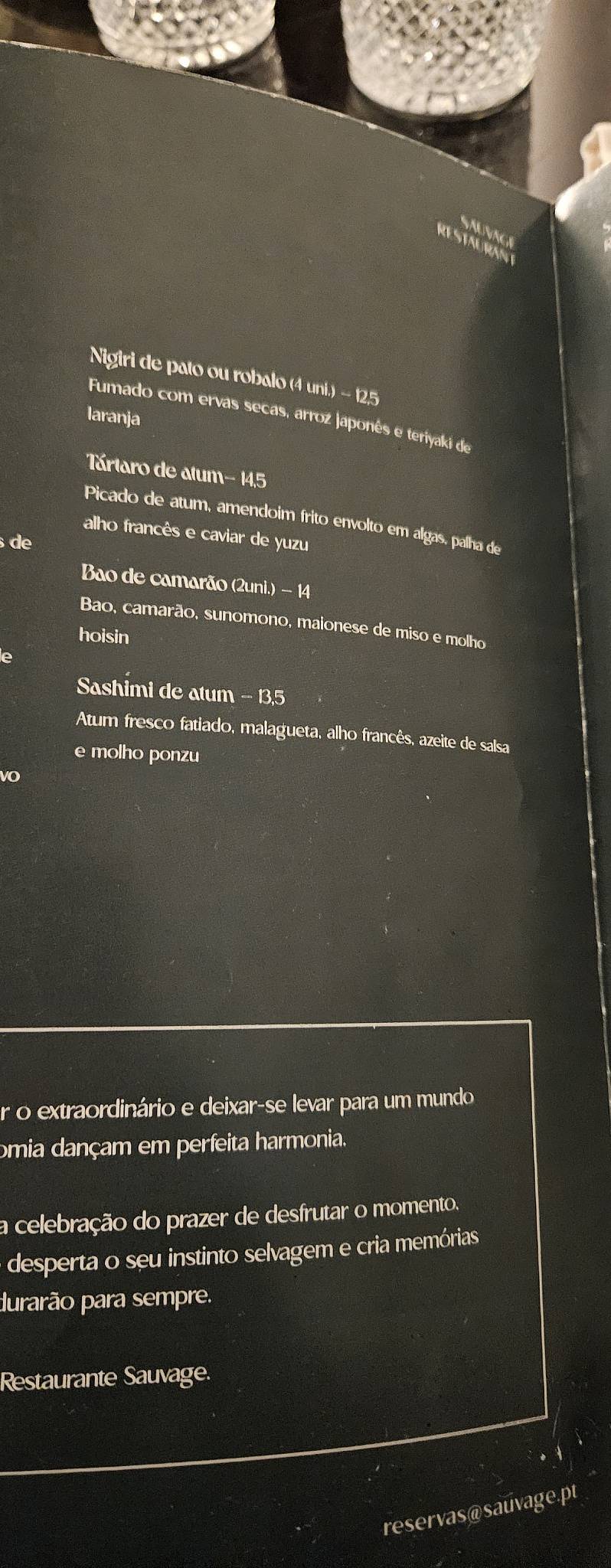 Menu at Sauvage restaurant, Lisbon