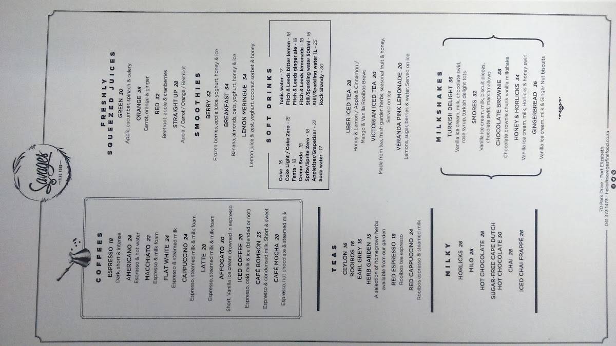 Menu at Savages Fine Food restaurant, Port Elizabeth