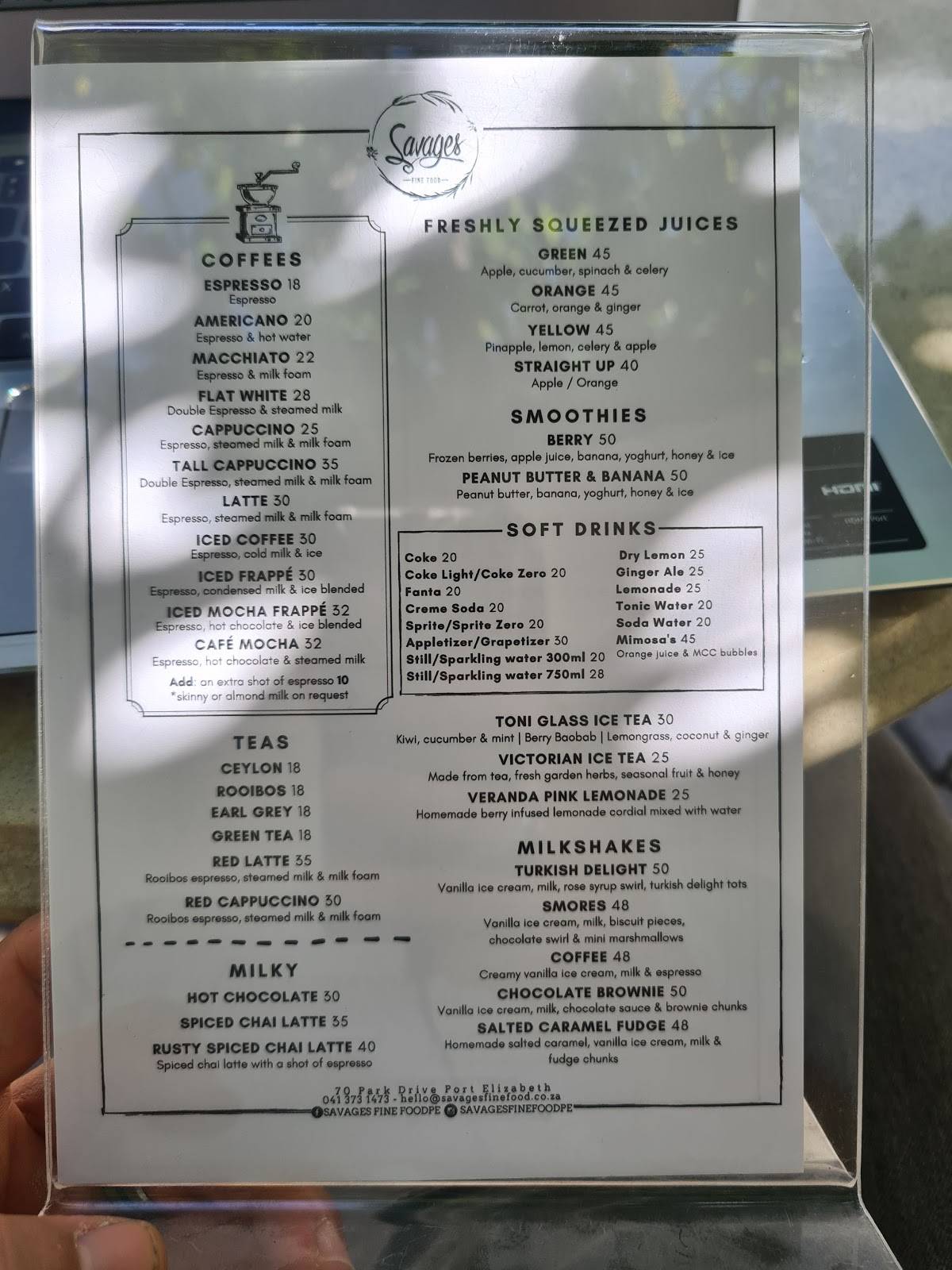 Menu at Savages Fine Food restaurant, Port Elizabeth