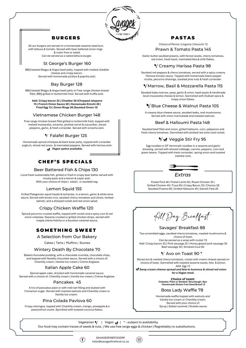 Menu at Savages Fine Food restaurant, Port Elizabeth