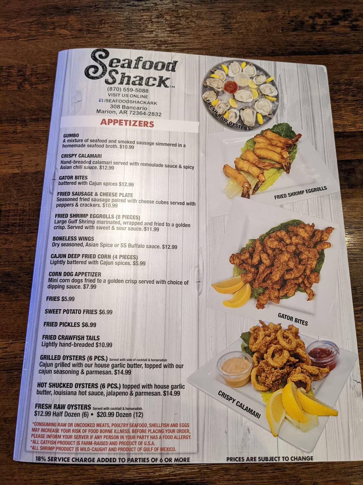 Menu at Seafood Shack restaurant, Marion