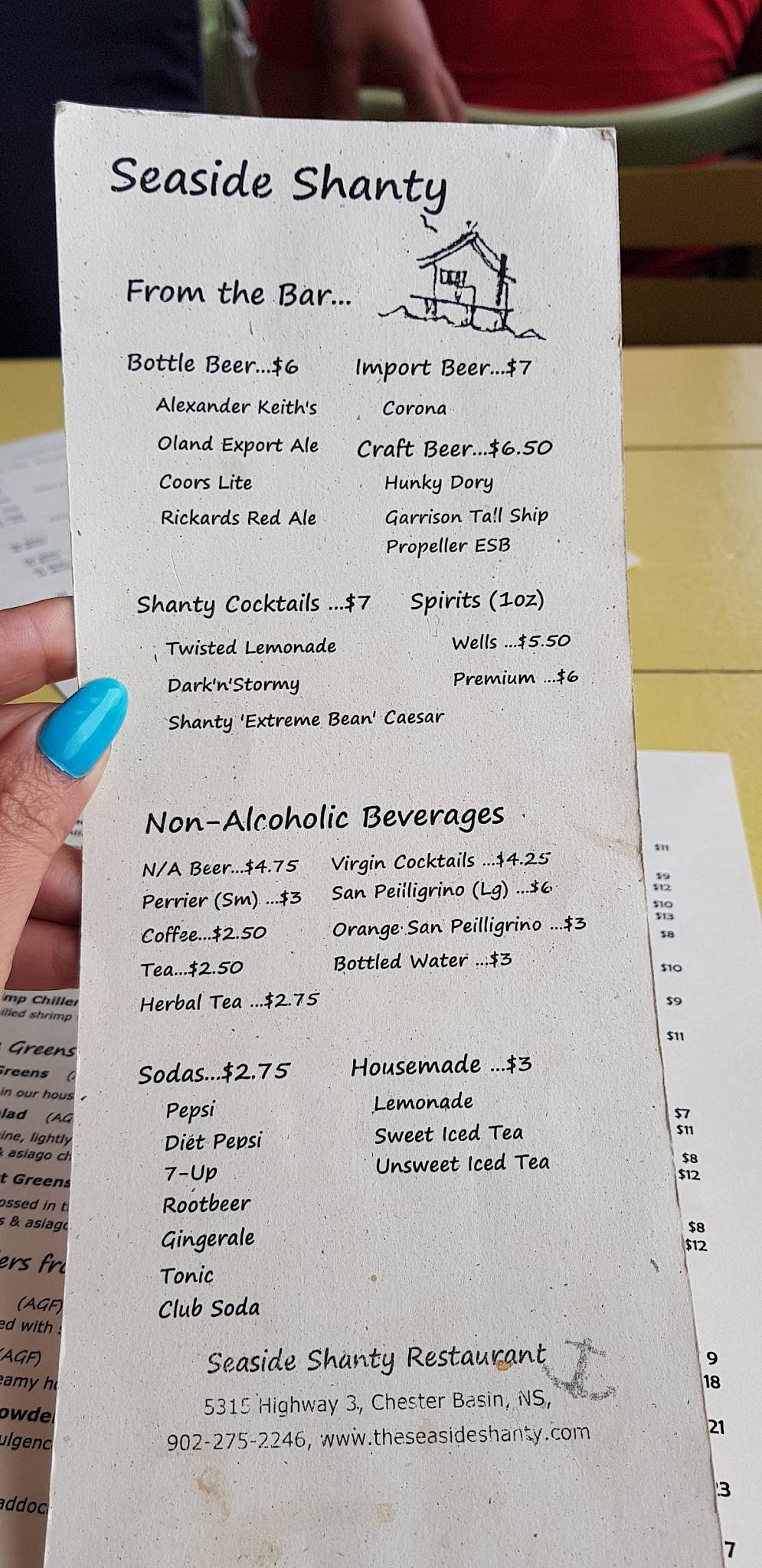 Menu at Seaside Shanty Restaurant, Chester Basin