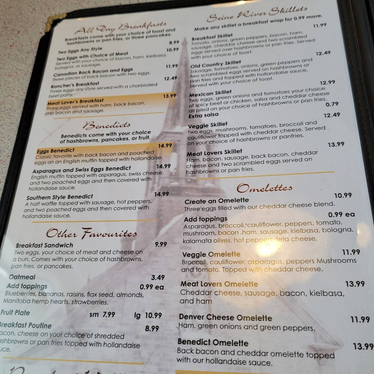 Menu at Seine River Cafe, Winnipeg