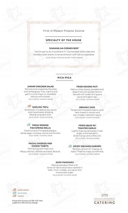 Menu at Sentro 1771 (Greenbelt 5) restaurant, Makati, G/F Greenbelt 5 ...