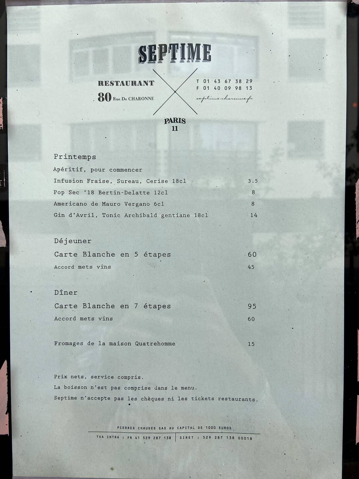 Menu at Septime restaurant, Paris, 80 Rue de Charonne