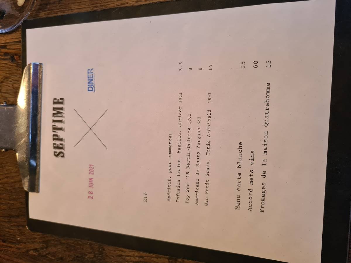 Menu at Septime restaurant, Paris, 80 Rue de Charonne