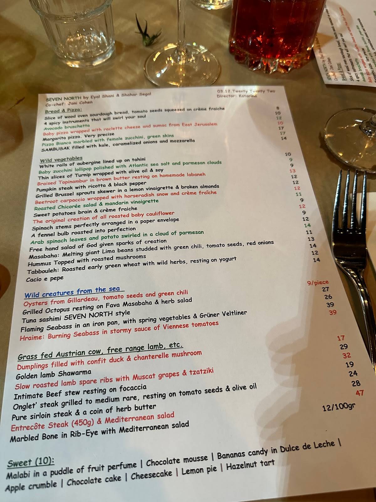 Speisekarte von Seven North restaurant, Wien