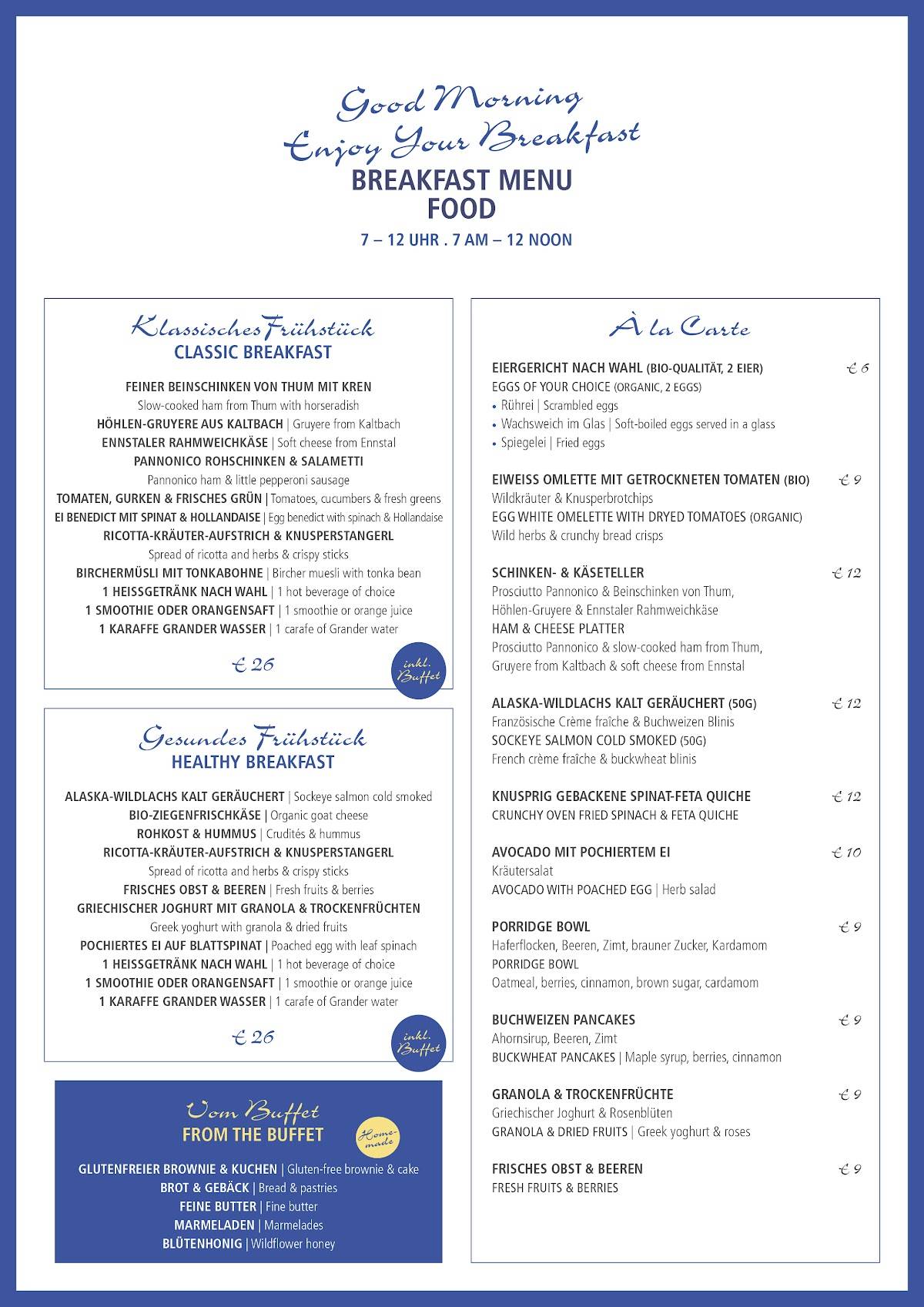 Menu at Seven Senses restaurant, Salzburg