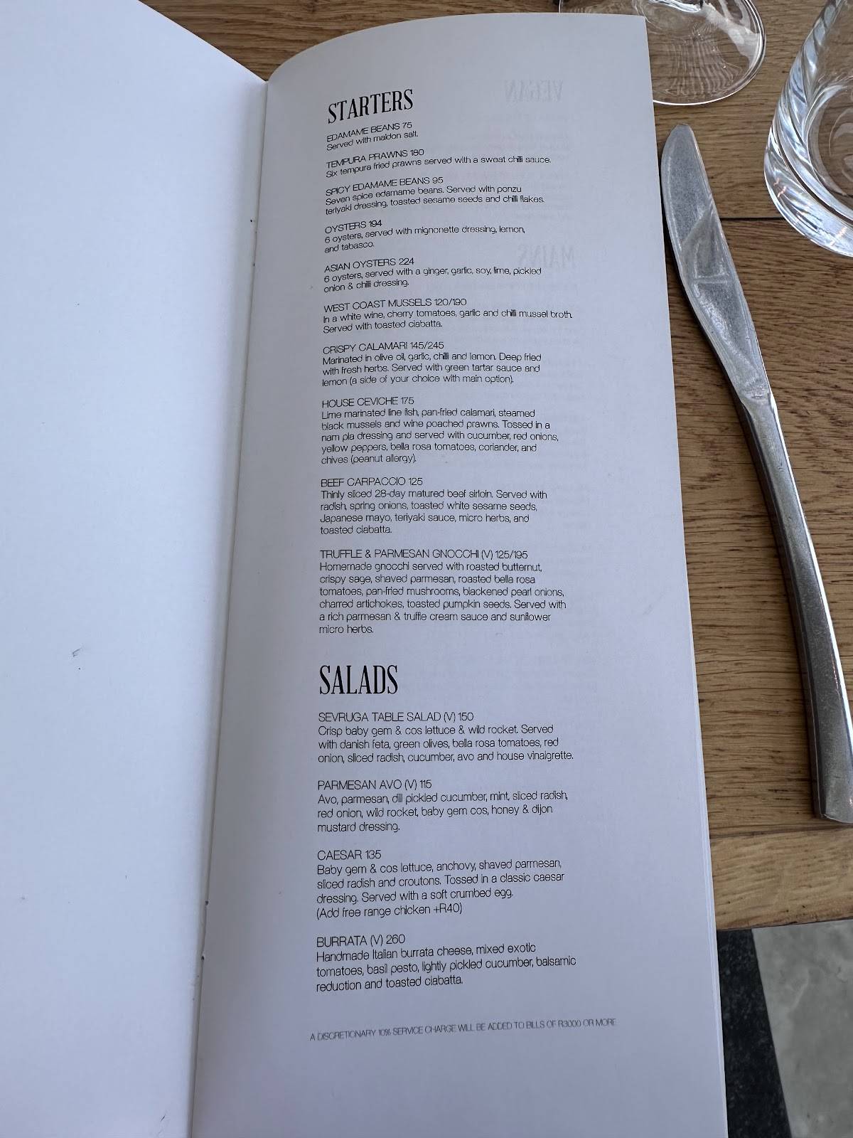 Menu at Sevruga Restaurant, Cape Town