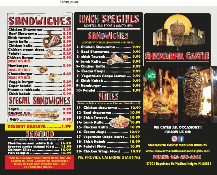 Menu at Shawarma Castle restaurant, Madison Heights