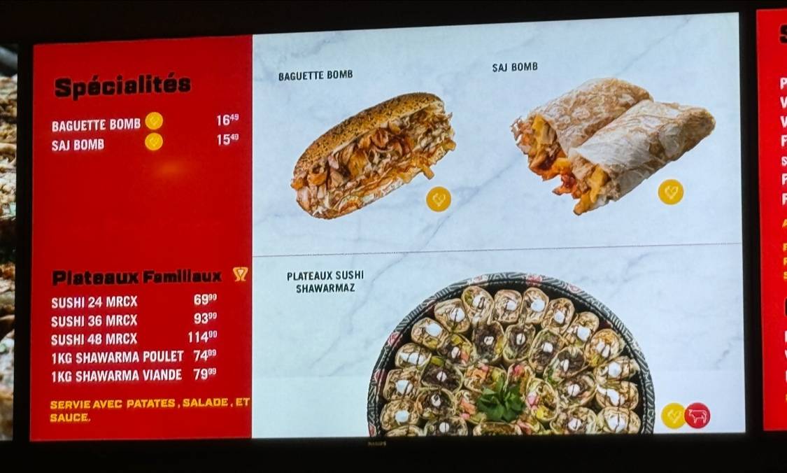 Menu at Shawarmaz restaurant, Montréal
