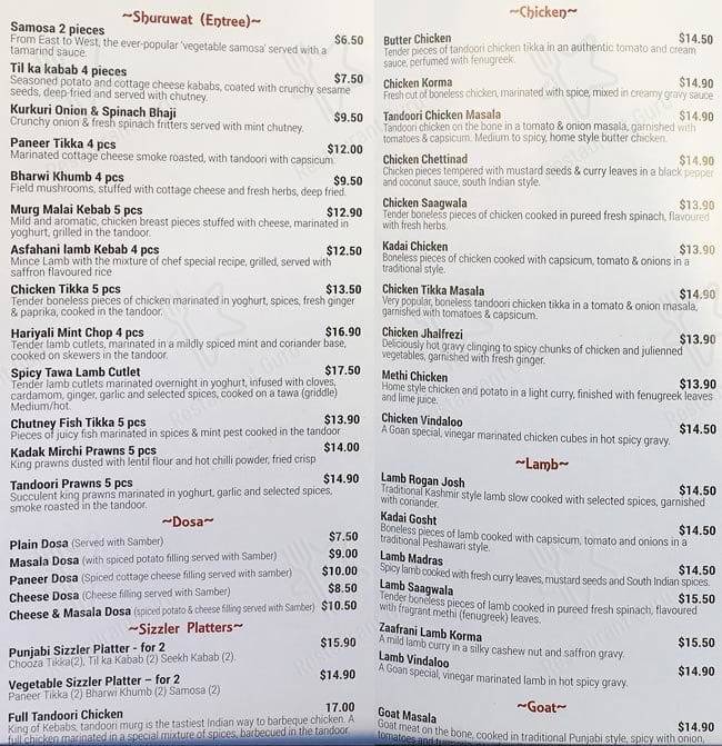 Menu at Sheila Tandoori Indian Restaurant, Enmore