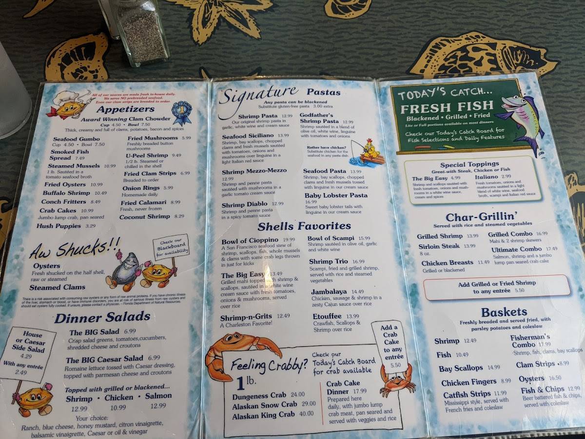 Menu at Shells of Melbourne restaurant, Melbourne