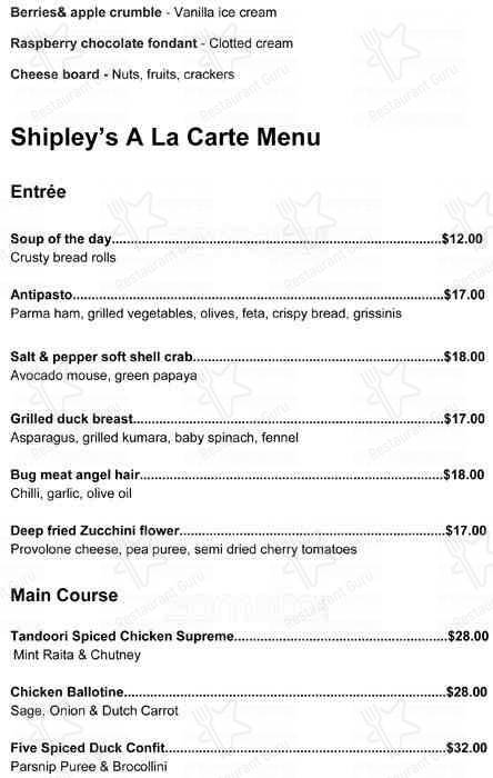 Menu at Shipley's restaurant, Sydney