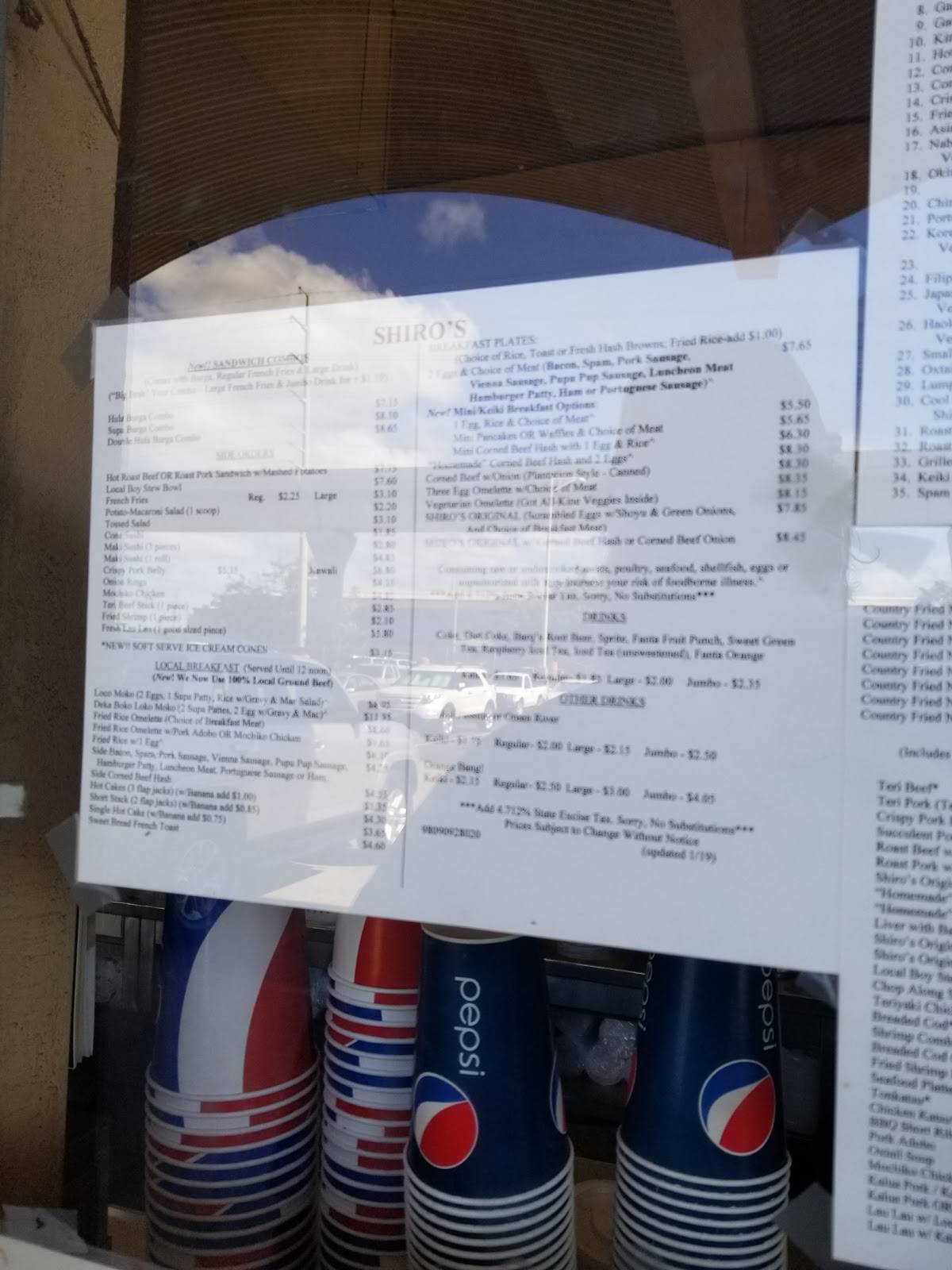 Menu at Shiro's Saimin Haven restaurant, Aiea