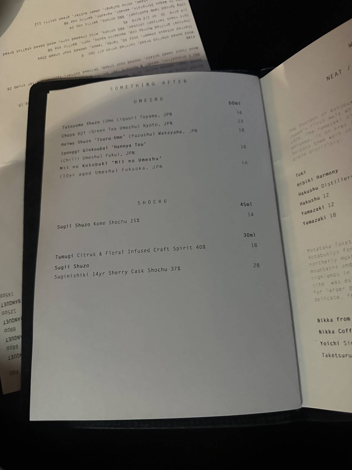 Menu at Shobosho restaurant, Adelaide