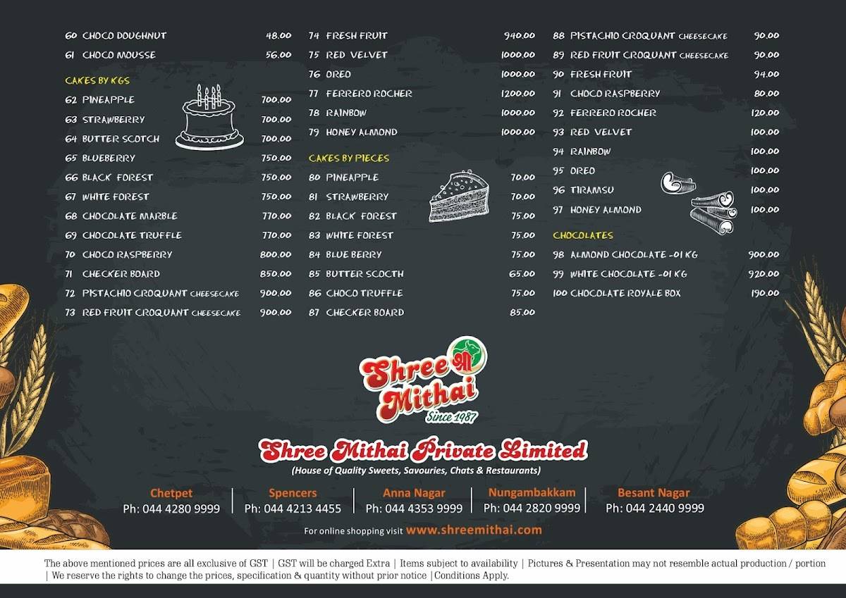 Menu at Shree Mithai, Chennai, S-85
