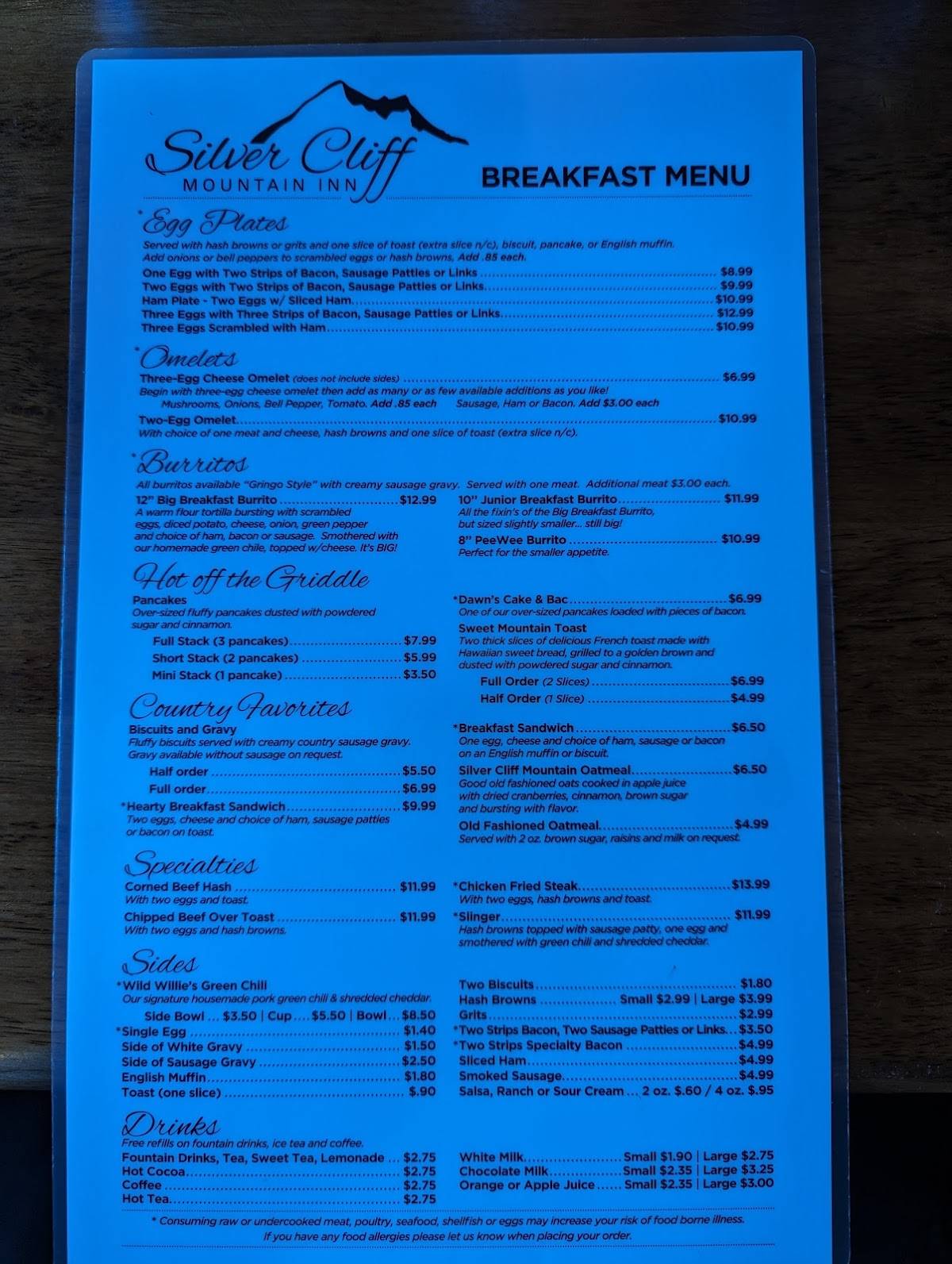Menu at Silver Cliff Mountain Inn restaurant, Silver Cliff