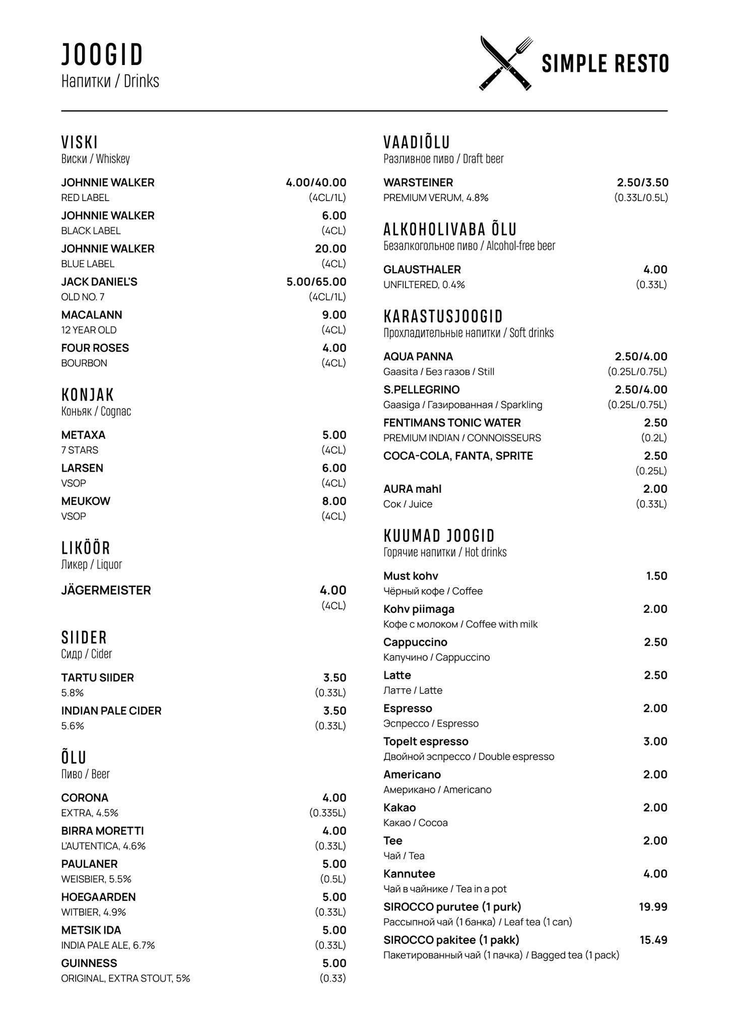 Speisekarte von Simple Resto restaurant, Tallinn