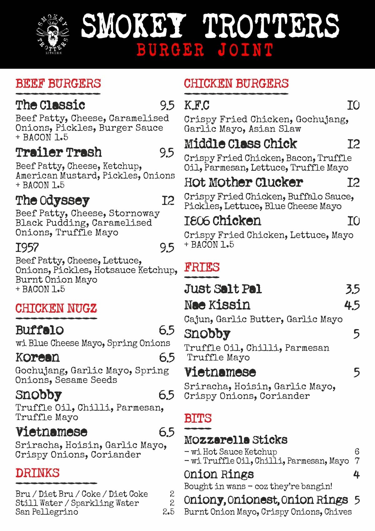 Menu at Smokey’s dairy, Glasgow, 966 Argyle St