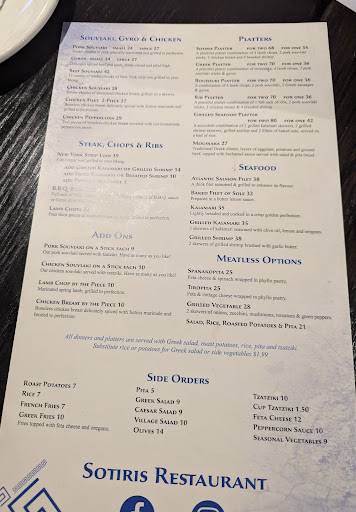 Menu at Sotiris Greek Restaurant, Burlington