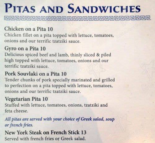 Menu at Sotiris Greek Restaurant, Burlington