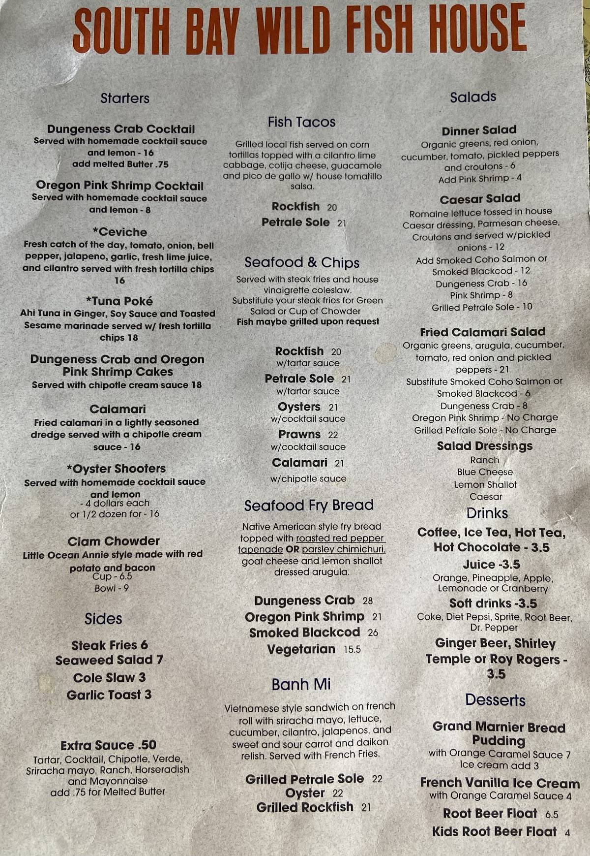 Menu at South Bay Wild Fish House restaurant, Astoria