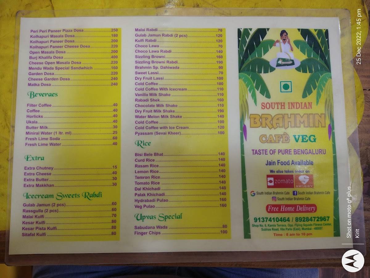 Menu at South Indian Brahmin Cafe, Mumbai, 6