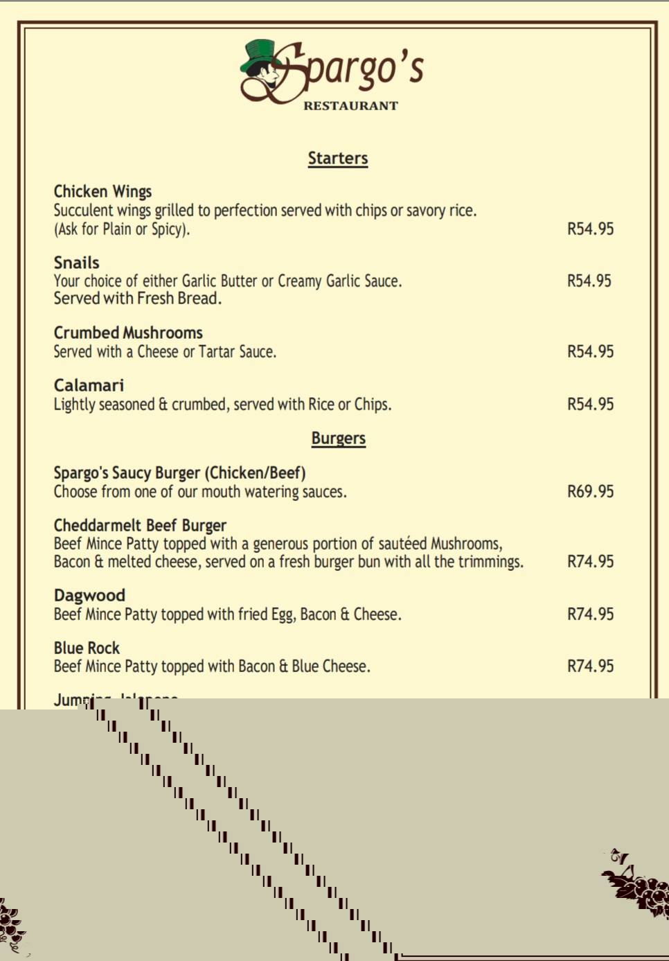 Menu at Spargo's restaurant, Port Elizabeth, Ring Rd