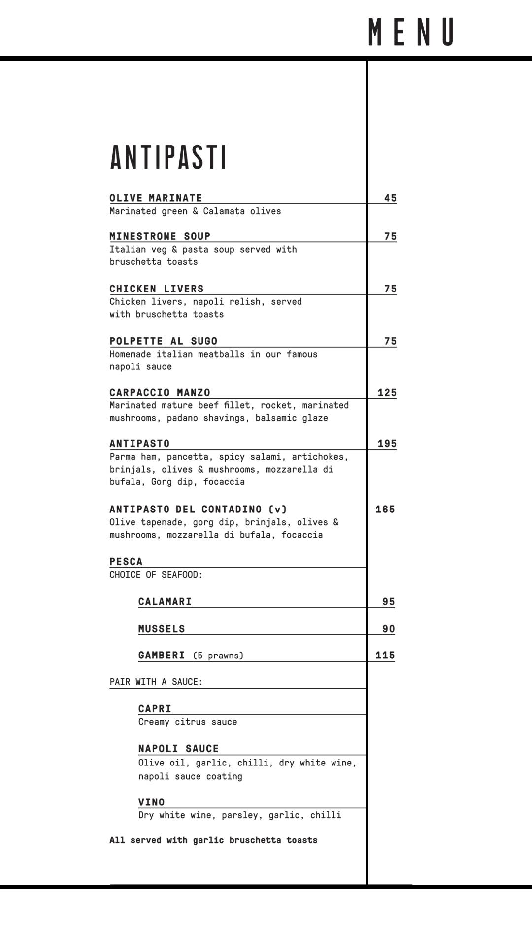 Menu at Spiga restaurant, Durban, 465 Innes Rd