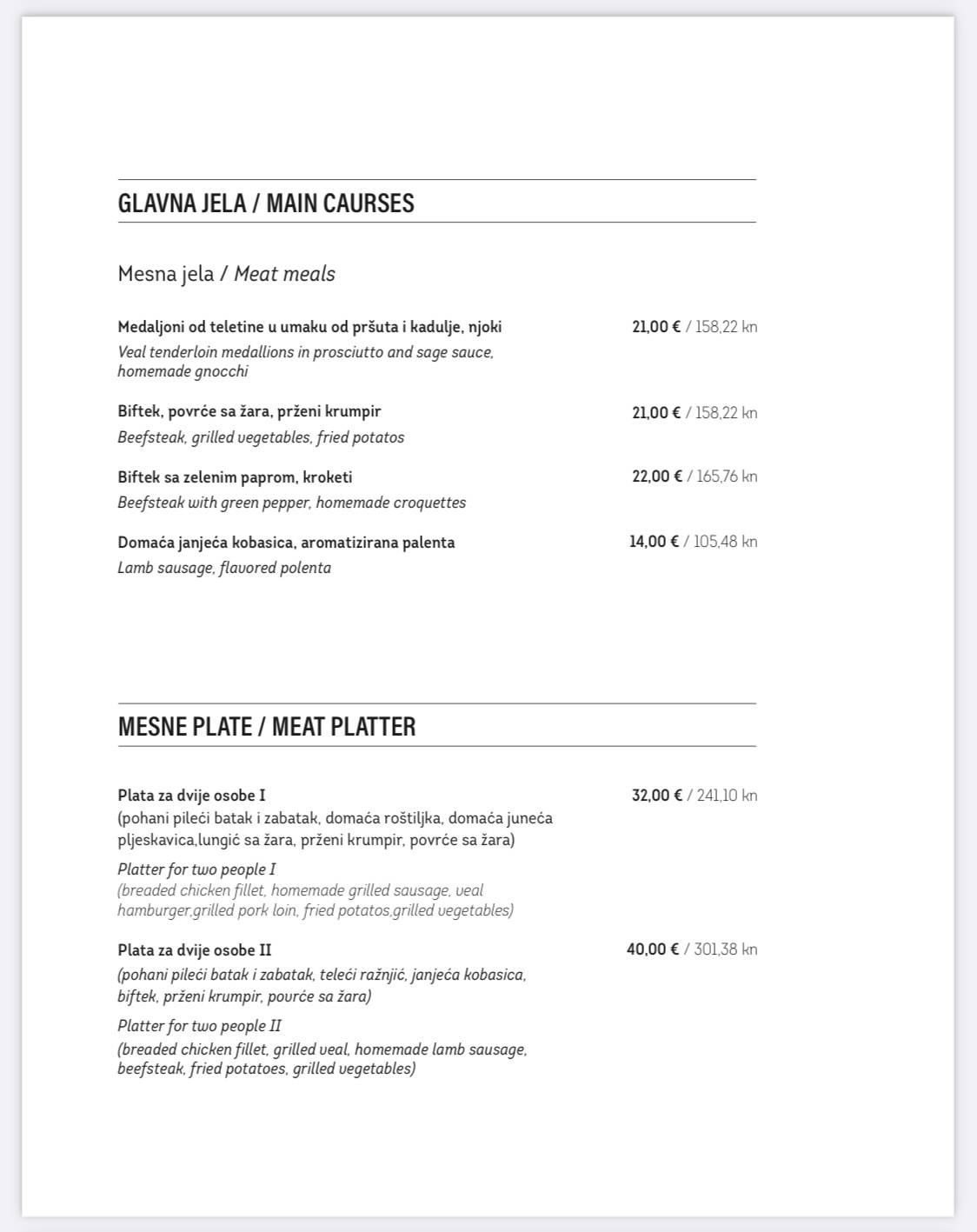 Menu at Restaurant Stari Grad, Sisak