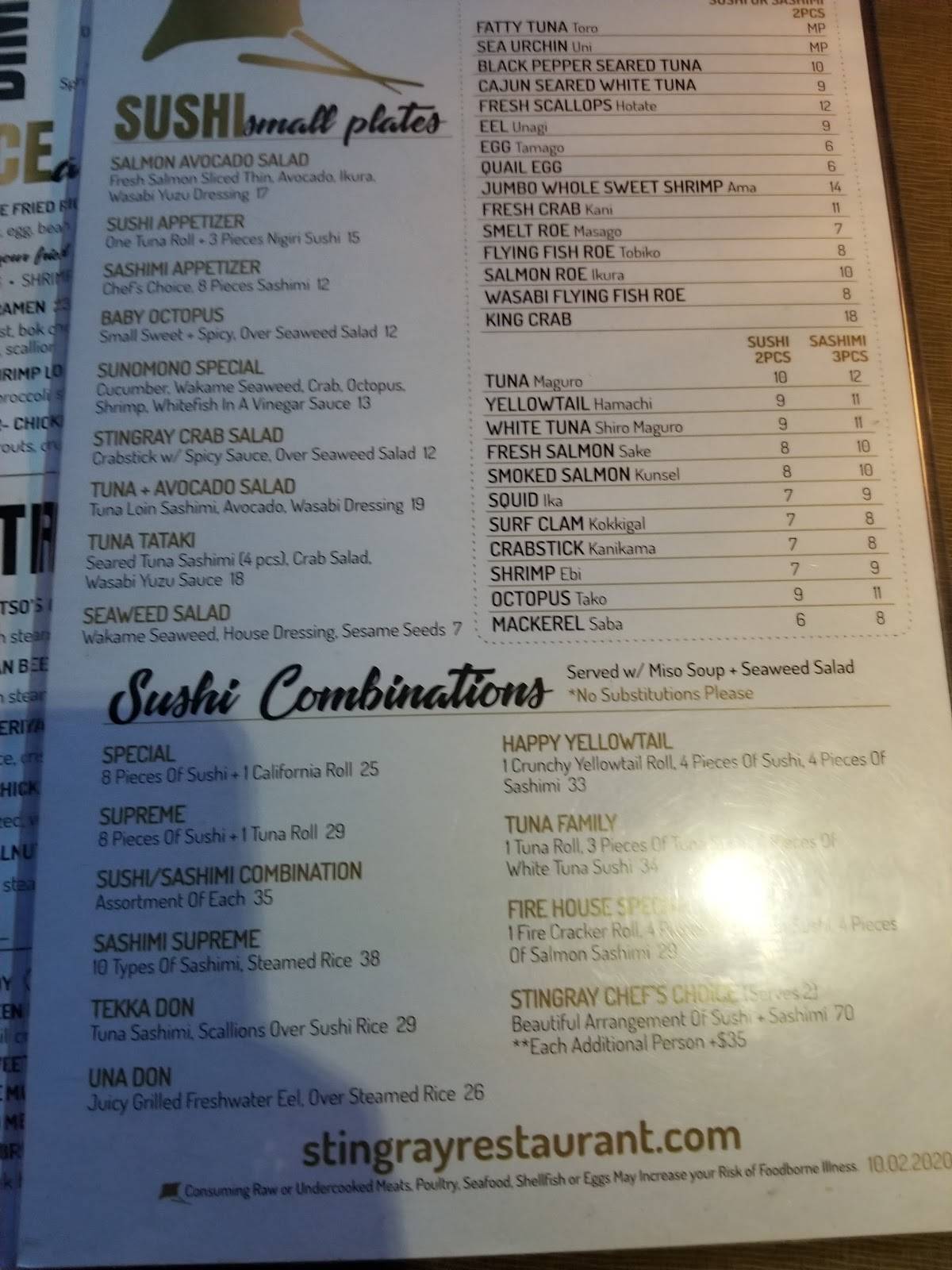 Menu at Stingray Sushi Bar + Asian Grill, Rehoboth Beach