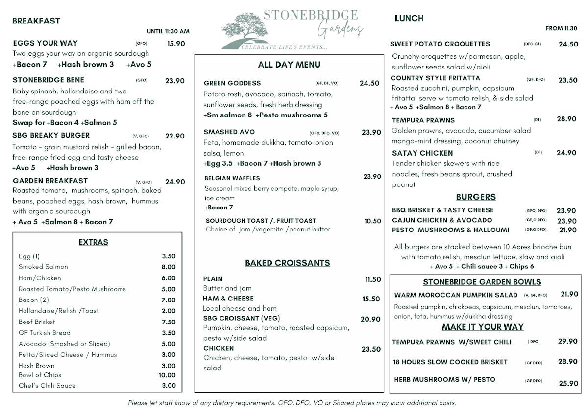 Menu at Stonebridge Gardens restaurant, Palmwoods