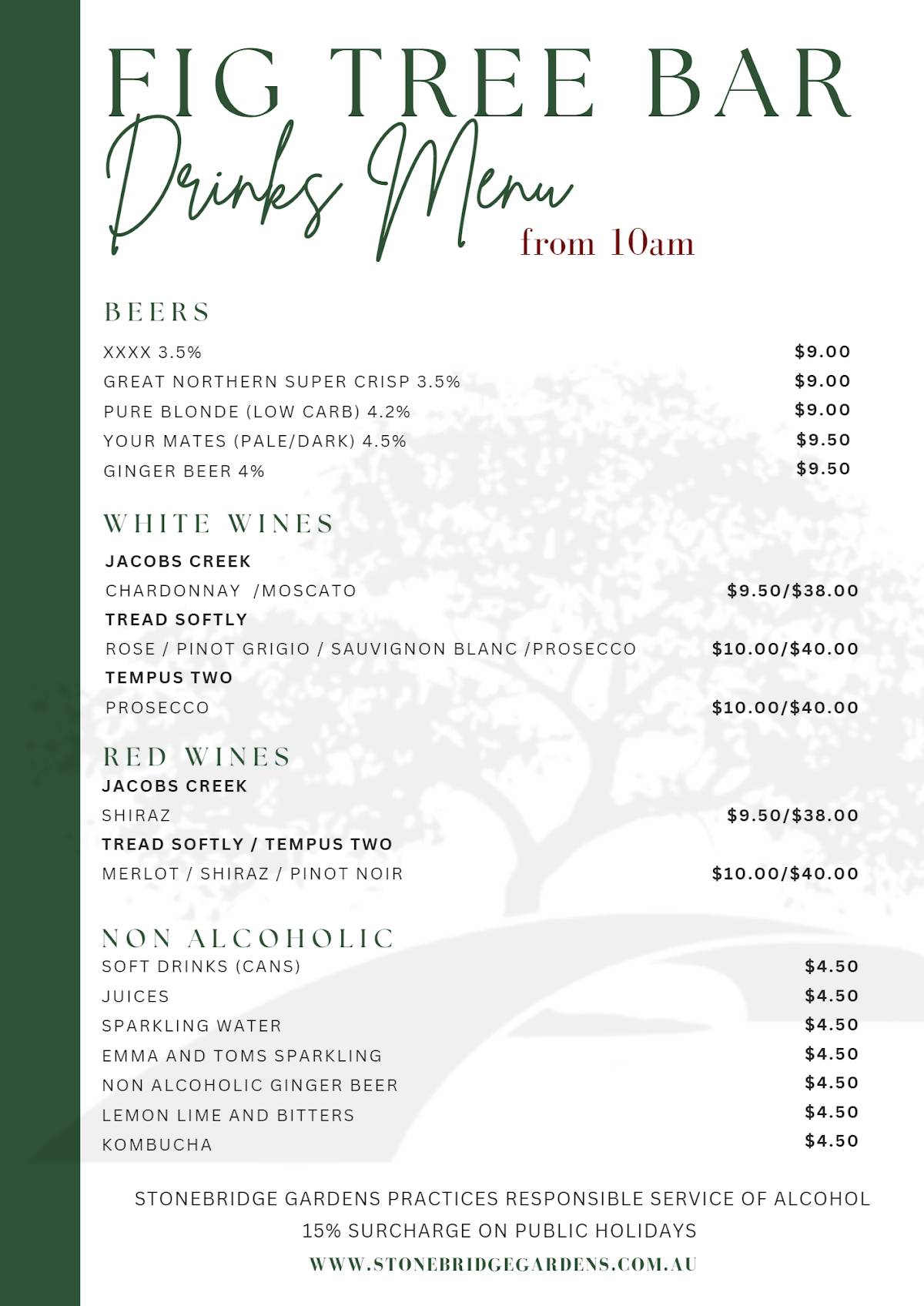 Menu at Stonebridge Gardens restaurant, Palmwoods