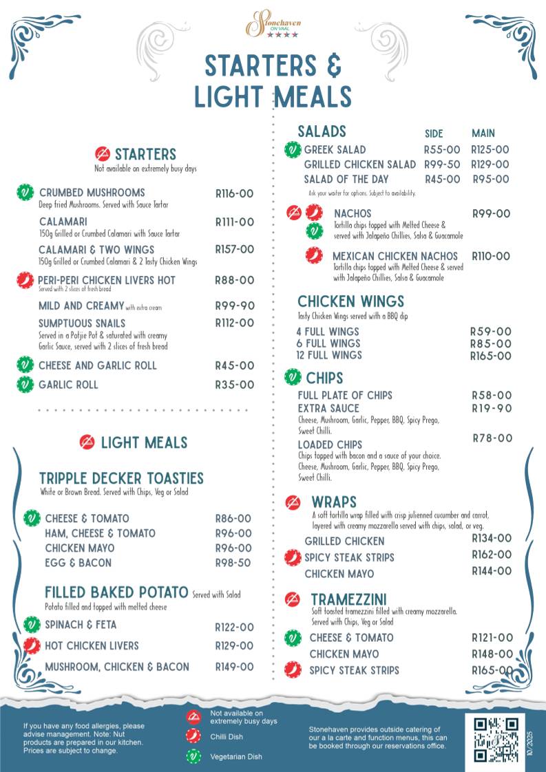 Menu at Stonehaven on Vaal restaurant, Vanderbijlpark