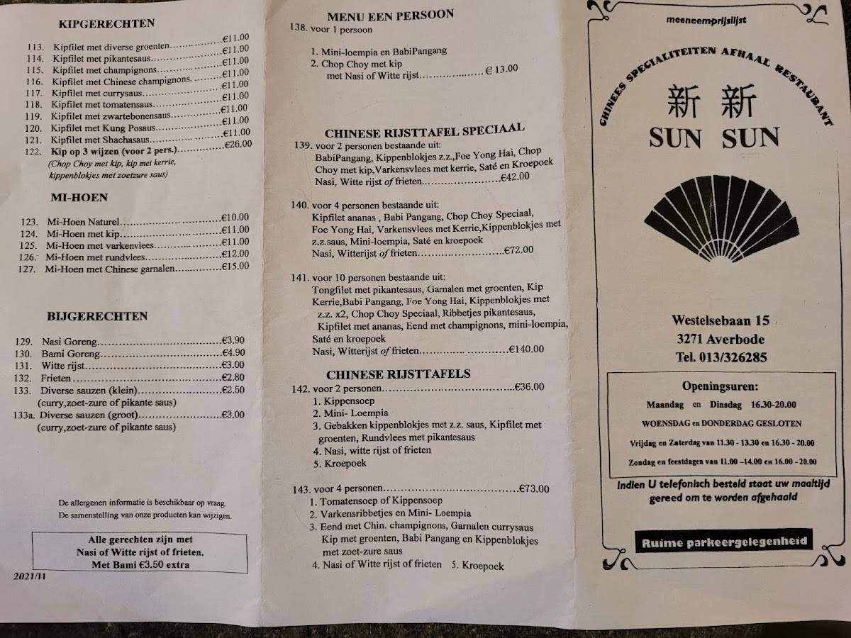 Menu at Sun Sun, Scherpenheuvel-Zichem