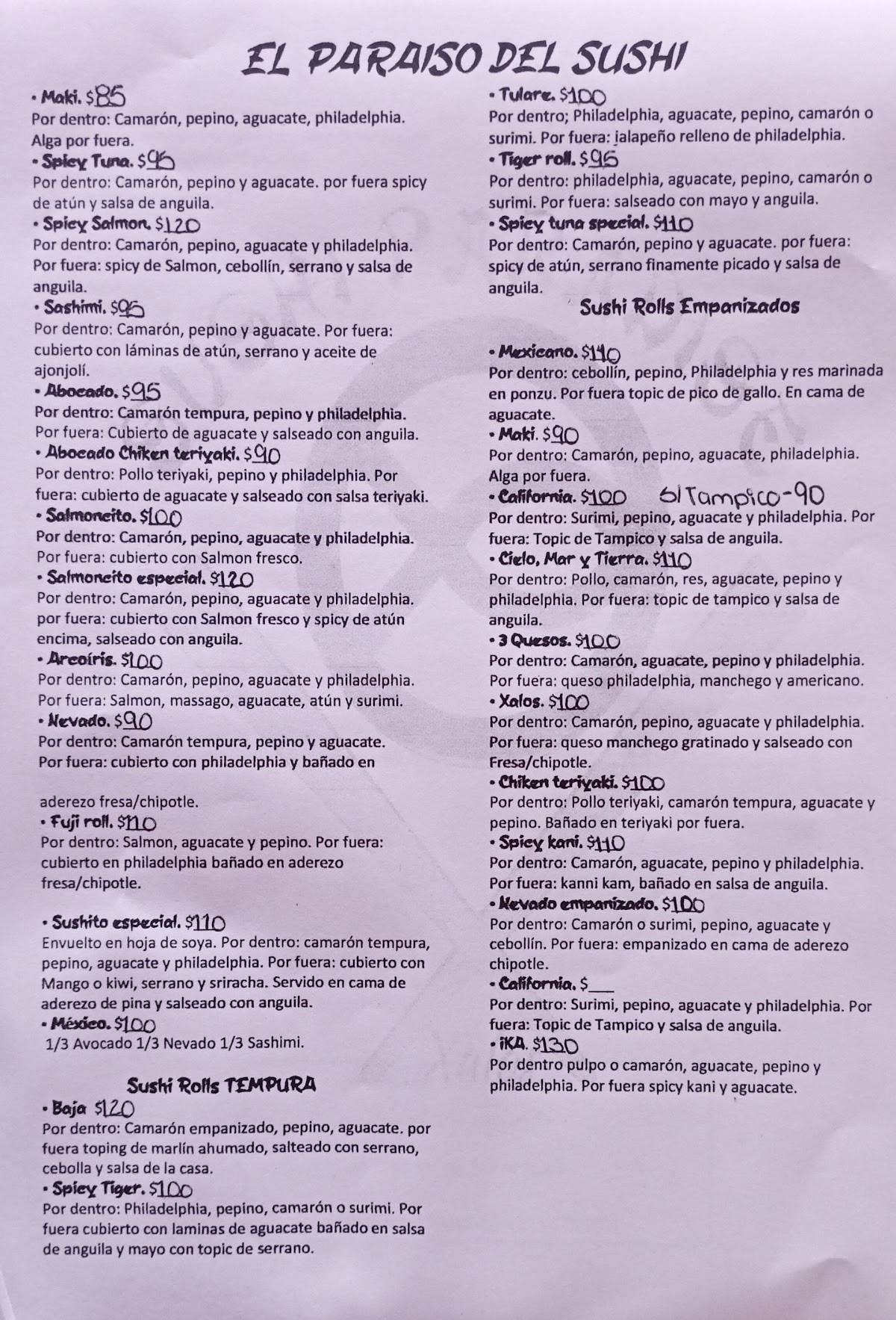 Menu at Sushi Paradise Jalos restaurant, Jalostotitlán