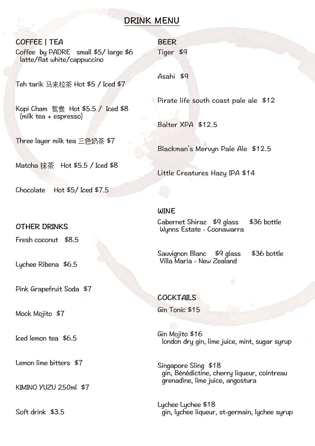 Menu at TWO CIRCLES CAFE, Doncaster East