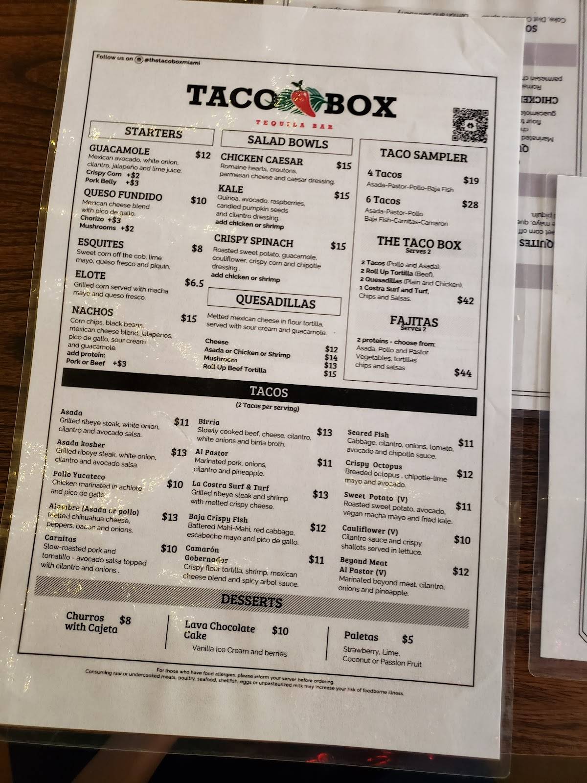 Menu at Taco Box restaurant, Aventura