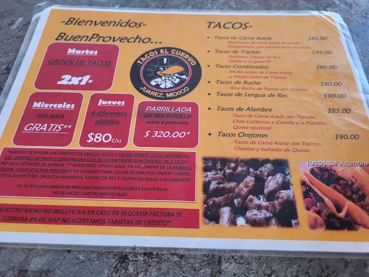 Menu at Tacos el Cuervo restaurant, Ciudad Juarez