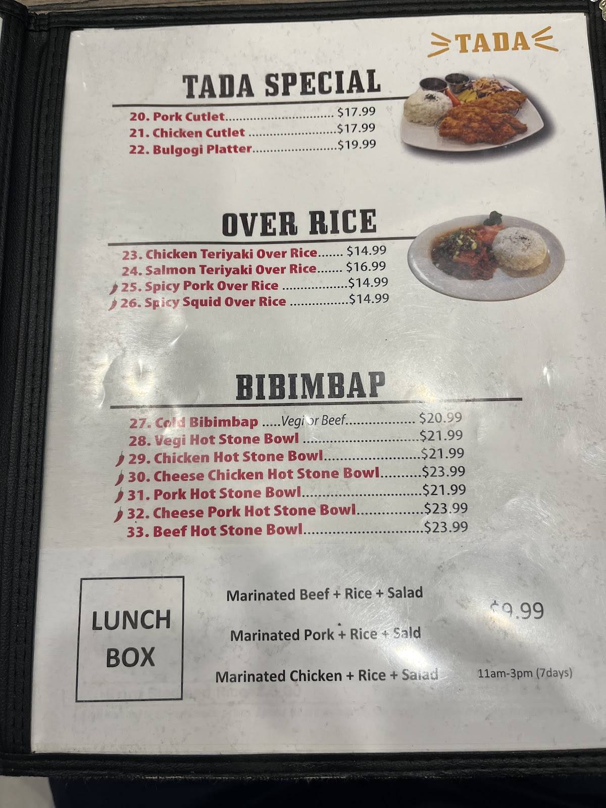 Menu at Tada restaurant, New York City