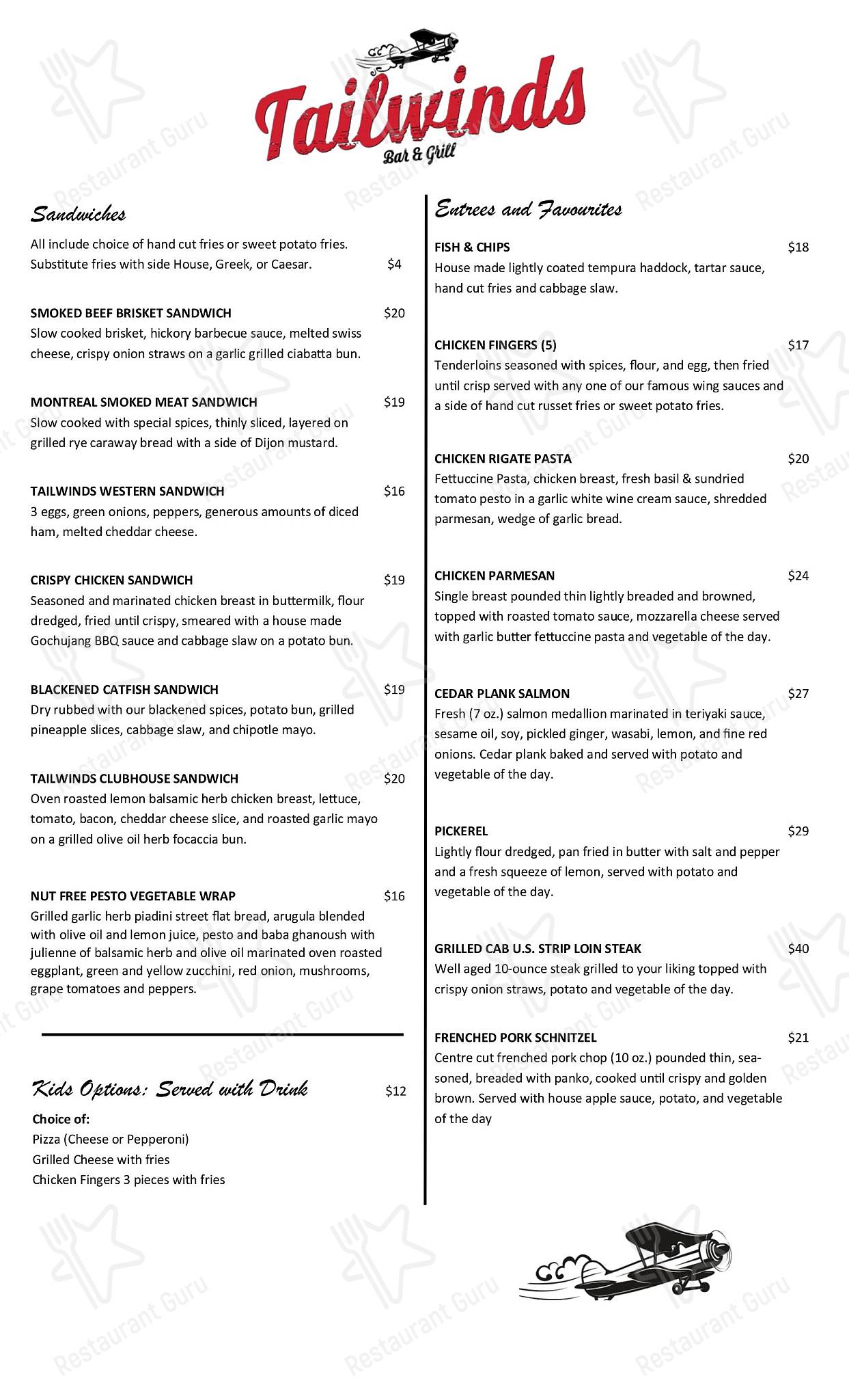 Menu at Tailwinds Bar & Grill, Canada
