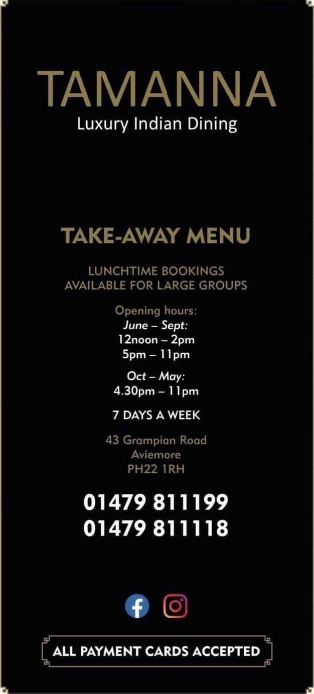 Menu at Tamanna Indian restaurant, Aviemore
