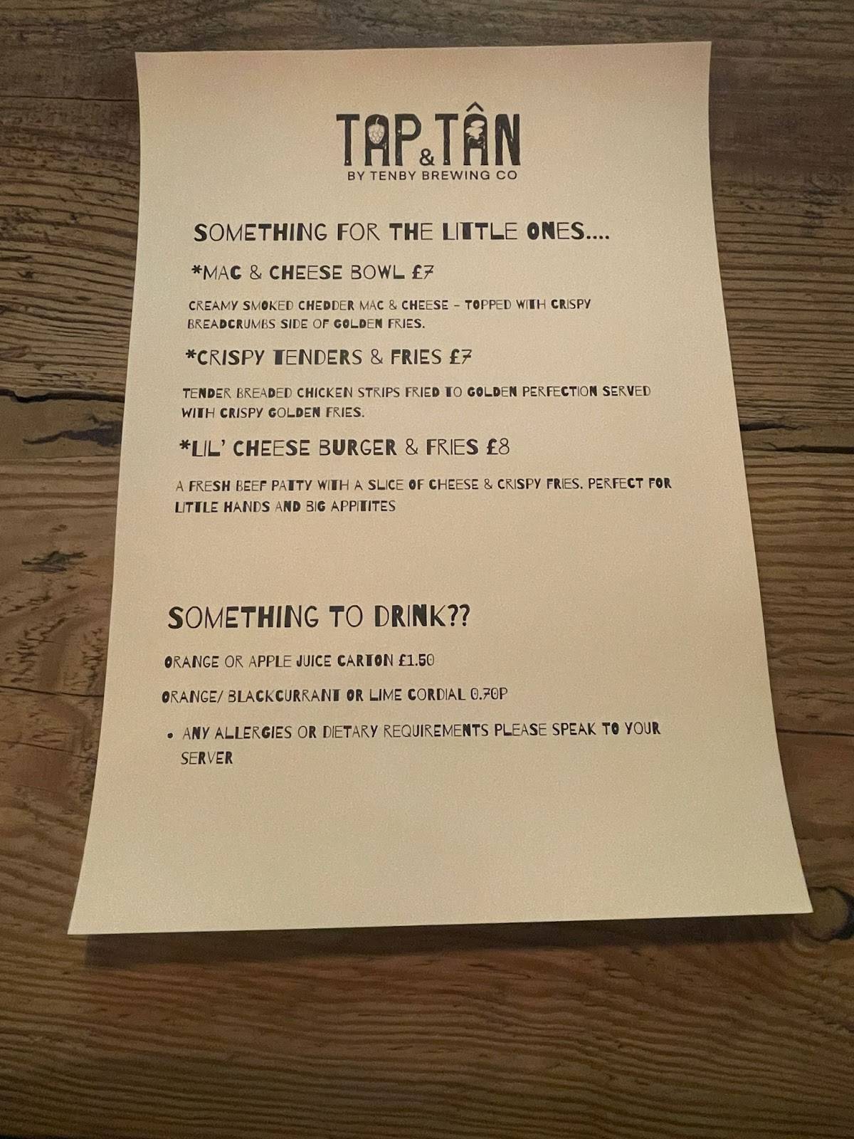 Menu at Tap & Tân restaurant, Tenby