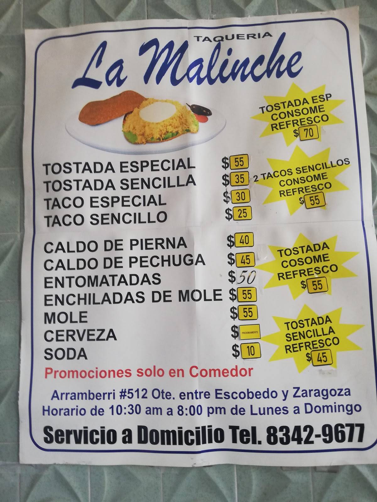 Carta del restaurante Taquería La Malinche, Monterrey, C. Aramberri 512