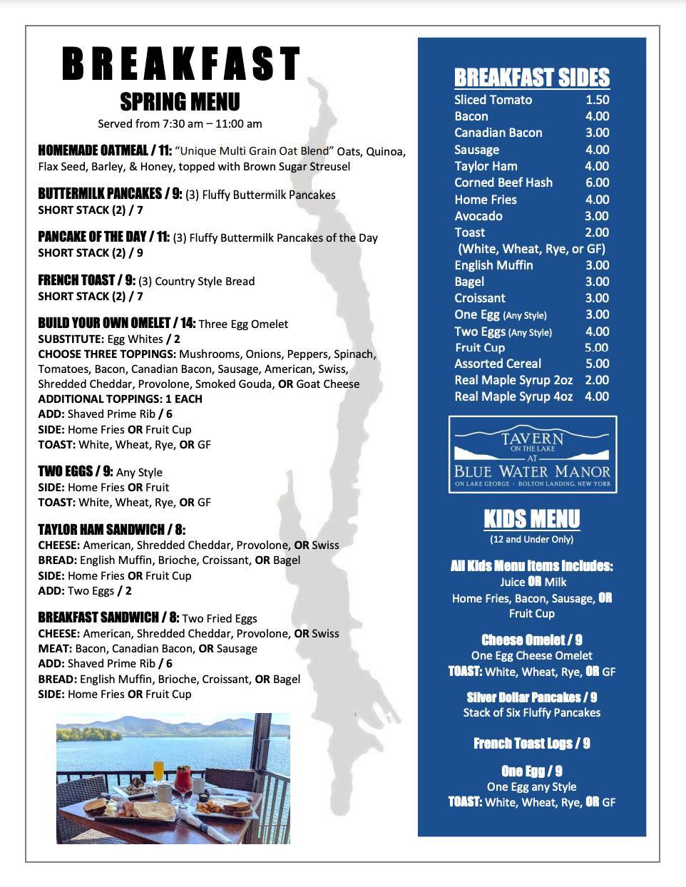 Menu at Blue Water Manor pub & bar, Bolton, Lake Shore Dr