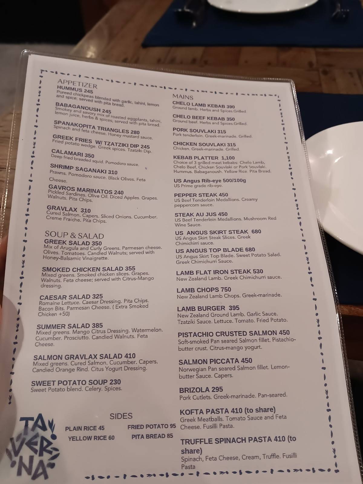 Menu at Taverna Bacolod restaurant, Bacolod