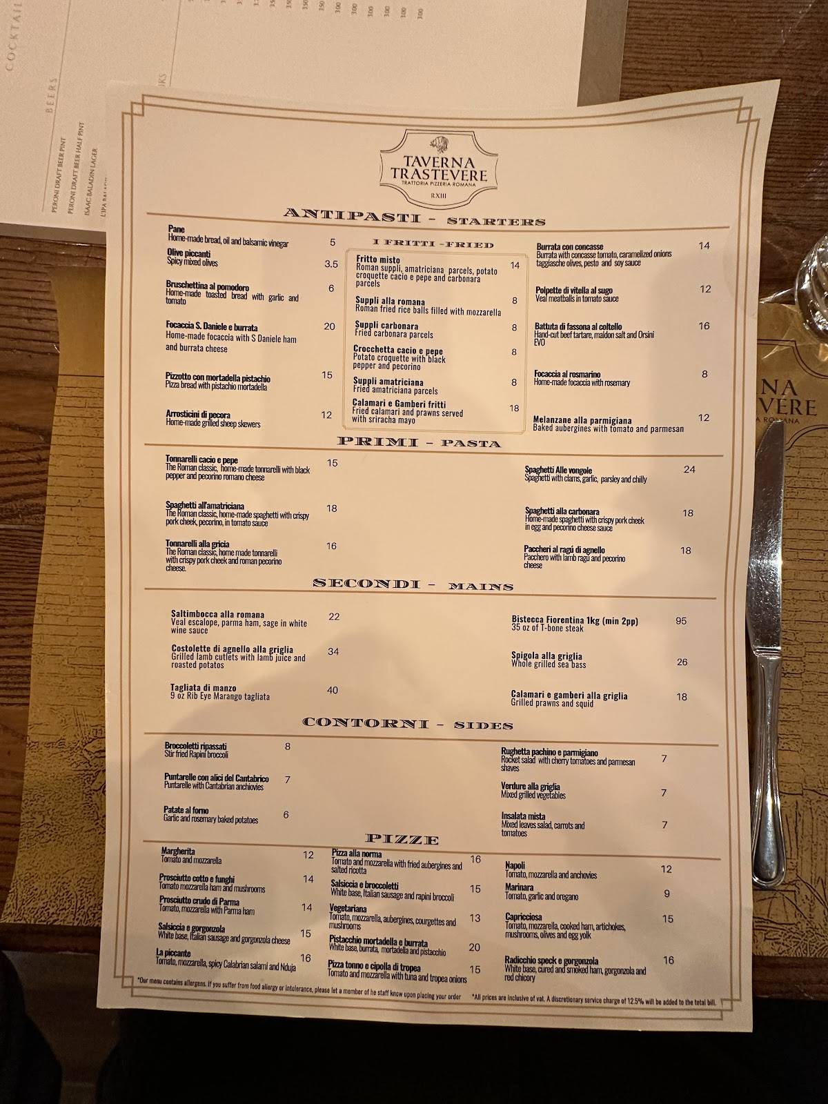 Menu at Taverna Trastevere restaurant, London