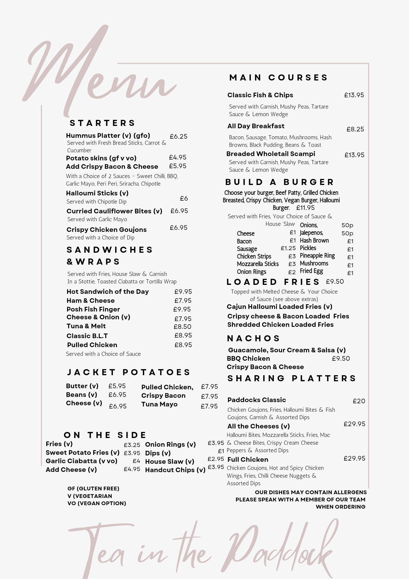 Menu at Tea in the Paddock cafe, Choppington